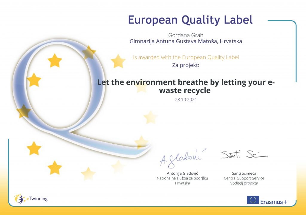 Europske oznake kvalitete za eTwinning projekte – Gimnazija AGM – Zabok